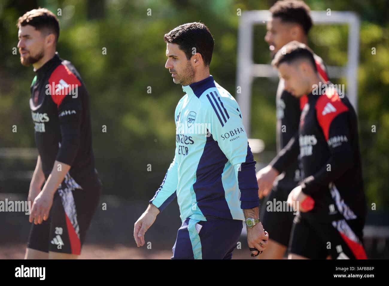 Arsenal manager Mikel Arteta (centre) during a training session at the ...
