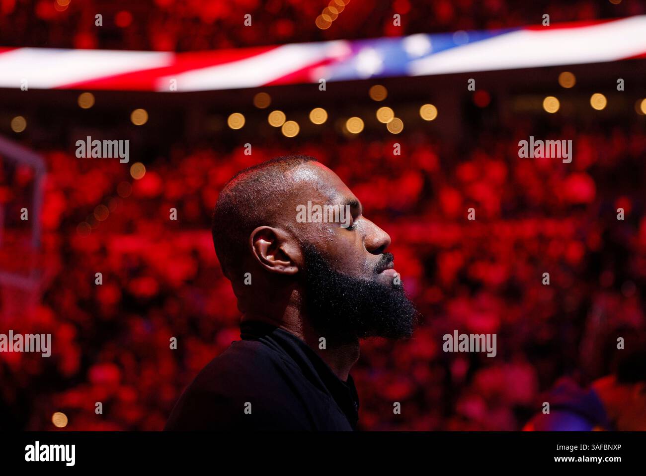 Los Angeles Lakers forward LeBron James closes his eyes during the ...