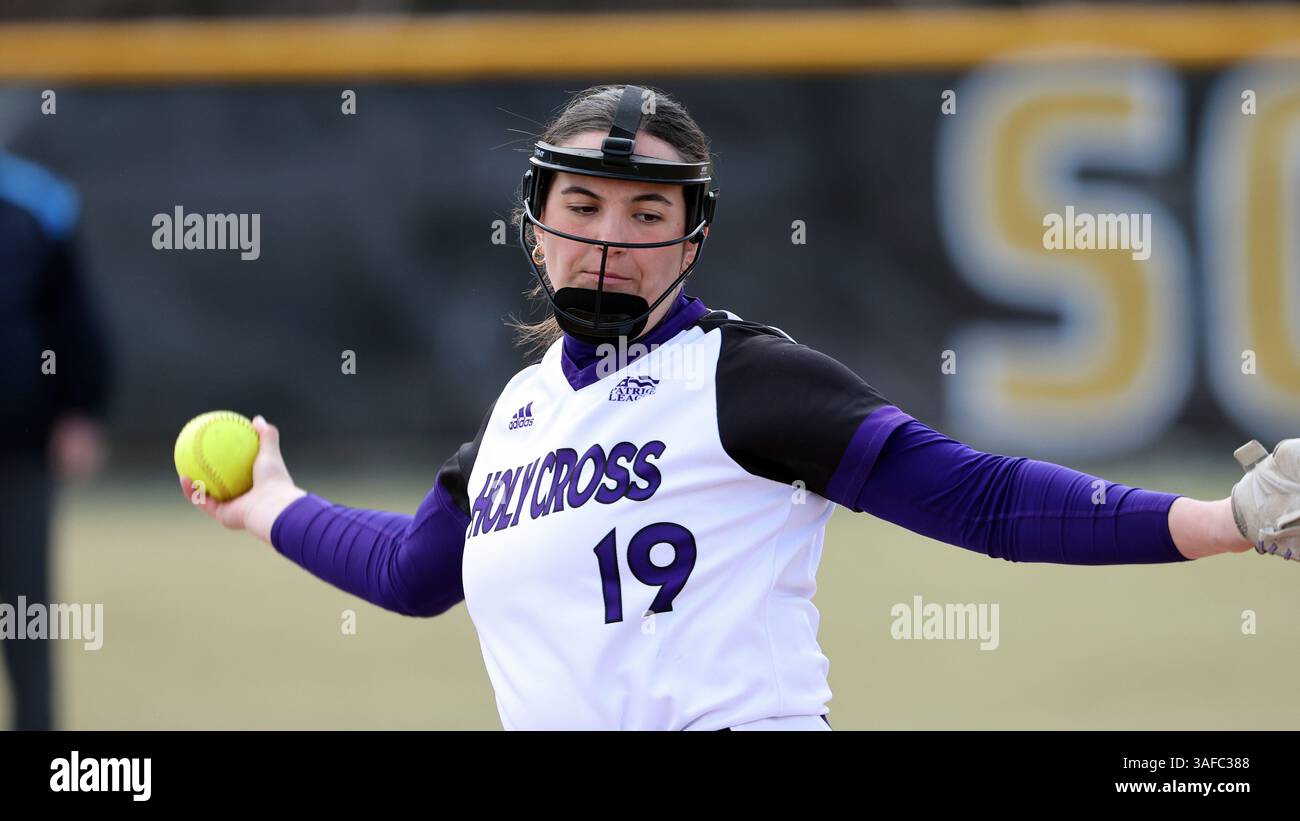 Holy Cross pitcher Sophia Roncone (19) throws the ball during an NCAA ...