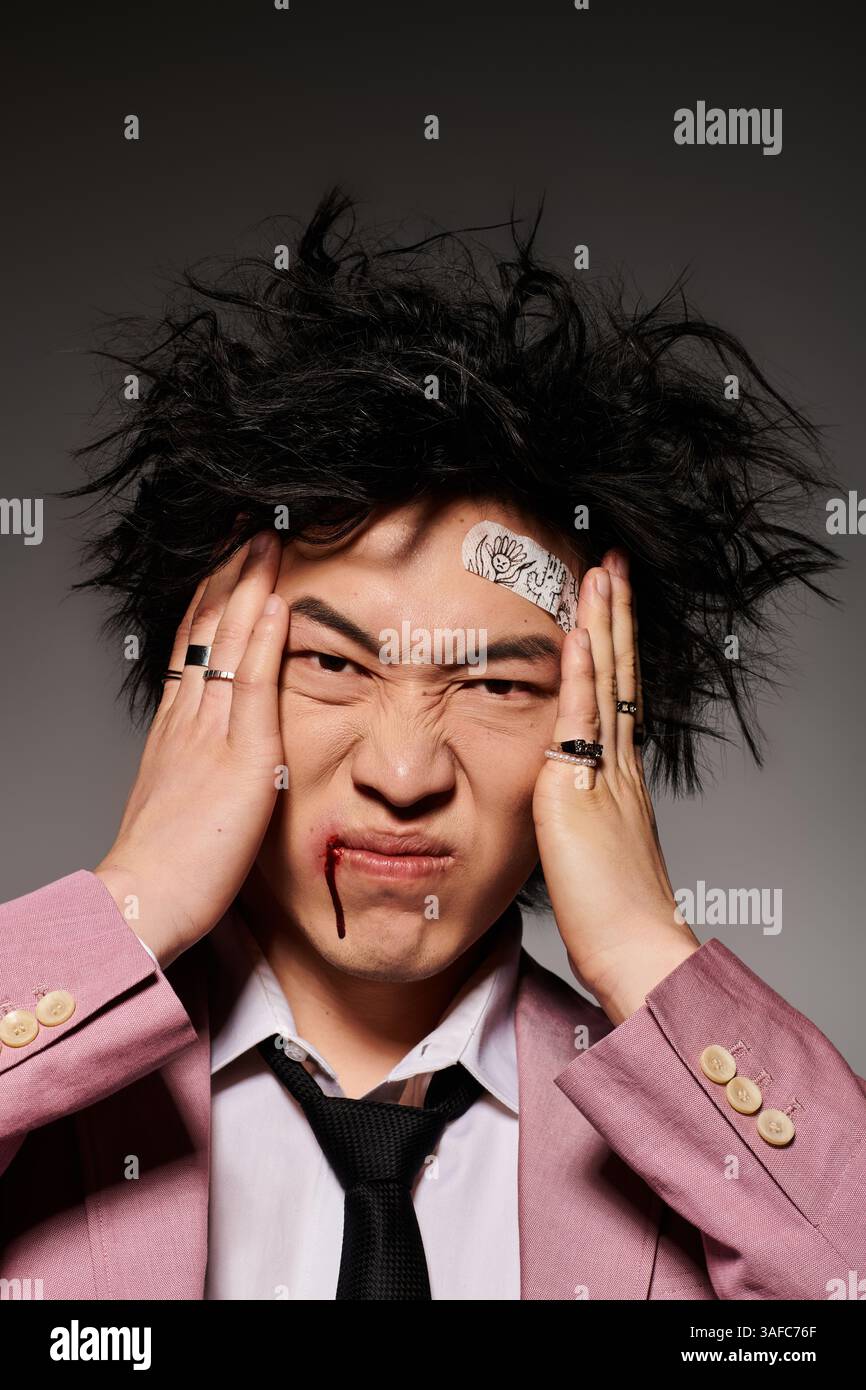 An asian man with blood on face having headache and showcases unique ...