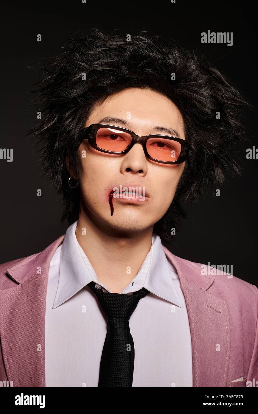 Asian man with blood on face showcases unique fashion in a stylish ...