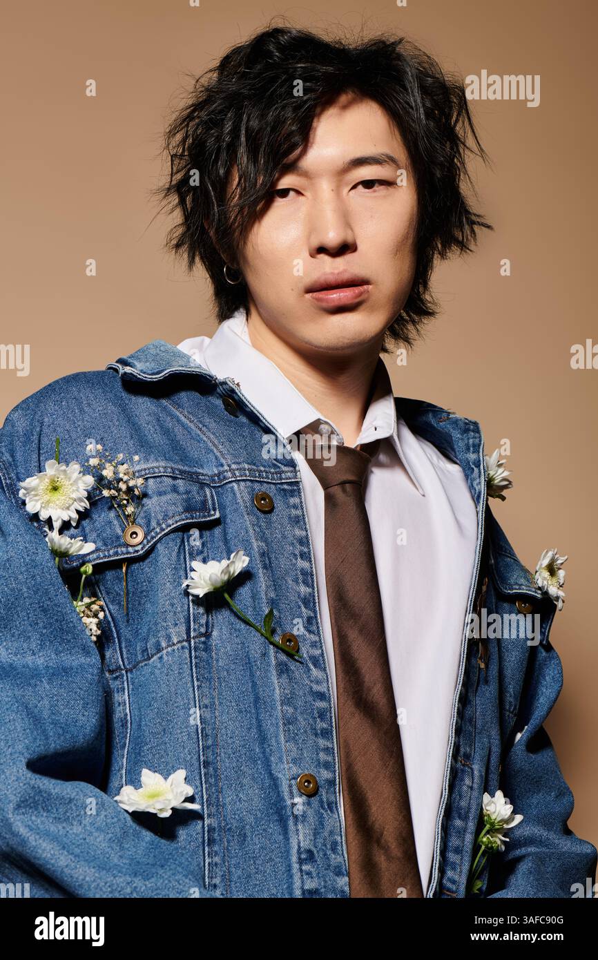 A stylish Asian man models spring fashion in a floral-accented studio ...