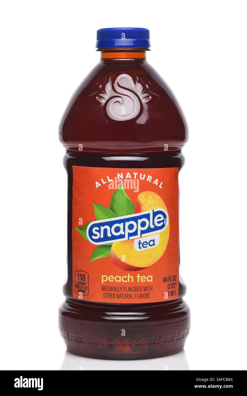 IRVINE, CALIFORNIA - 6 APR 2025: A bottle of Snapple Peach Tea beverage ...