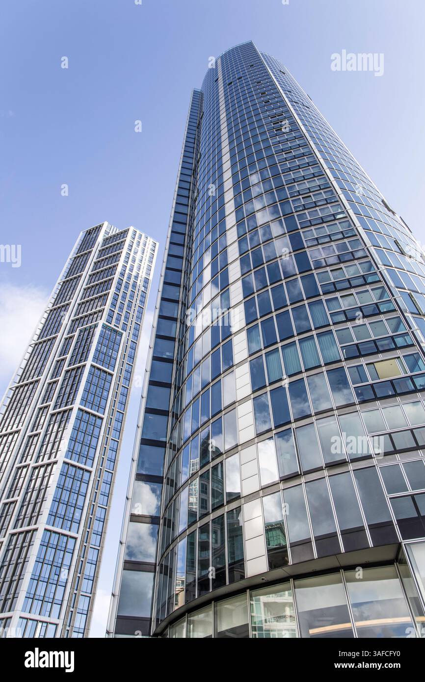 Looking up tall glass and steel high-rise tower buildings in Vauxhall ...