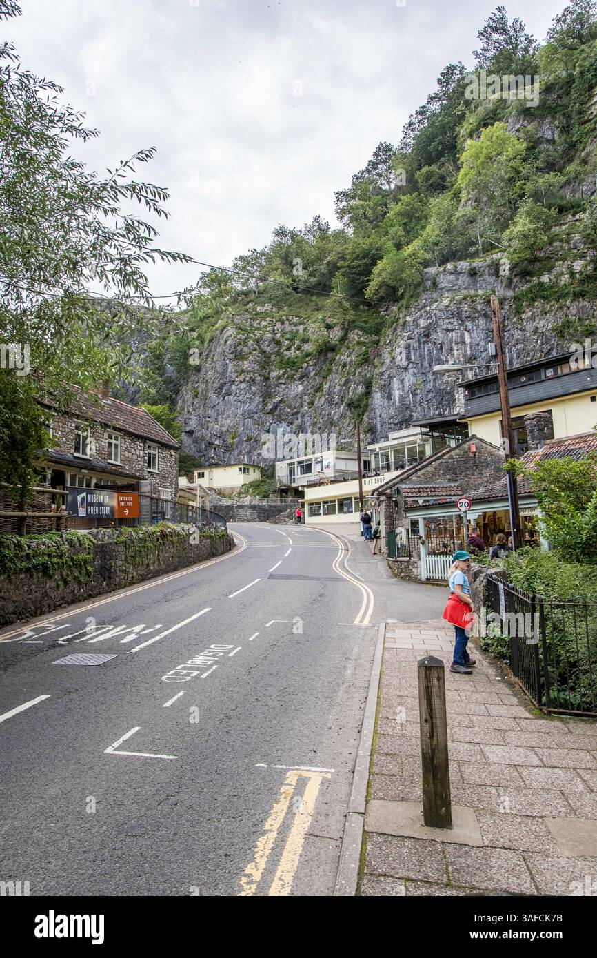 Cheddar, UK- August 4, 2023: Road going through Cheddar, a village ...