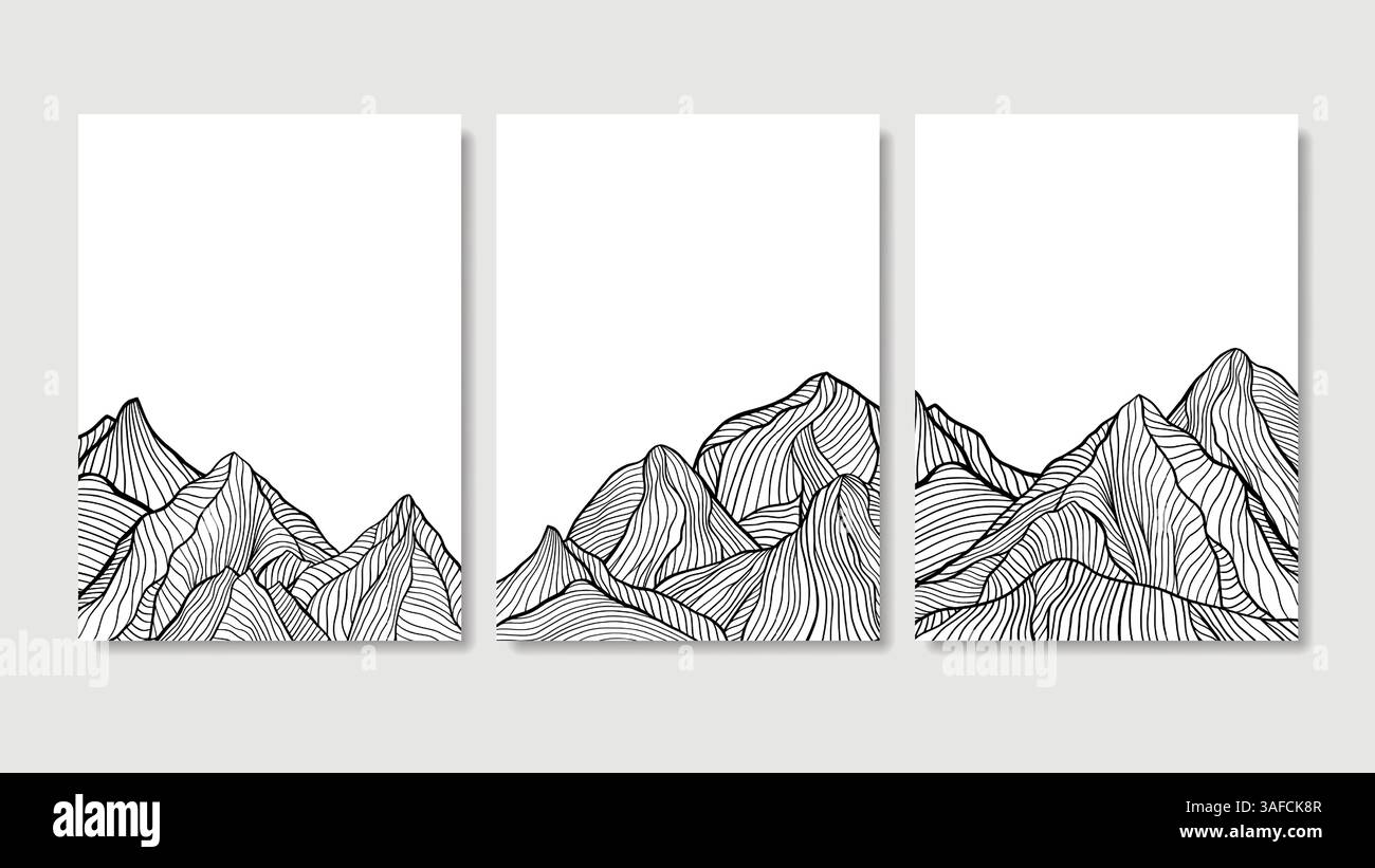 Mountain Line Art Wave, Black and White Ink Drawing Contemporary ...