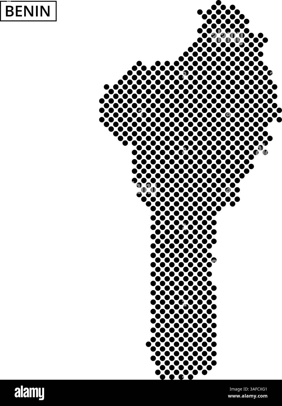 A black dotted outline of Benin is centered on a white background ...
