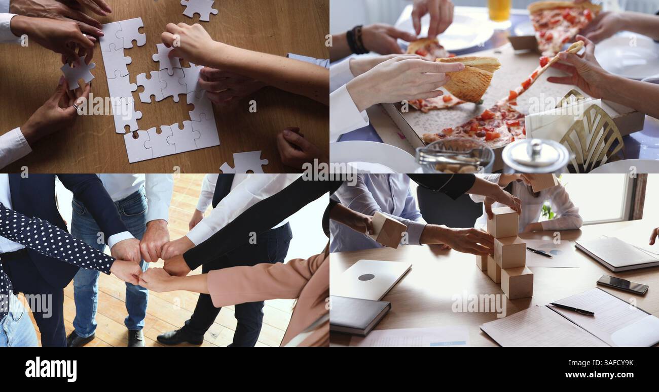 Closeup collage view of workmates engaged in communication and teamwork ...