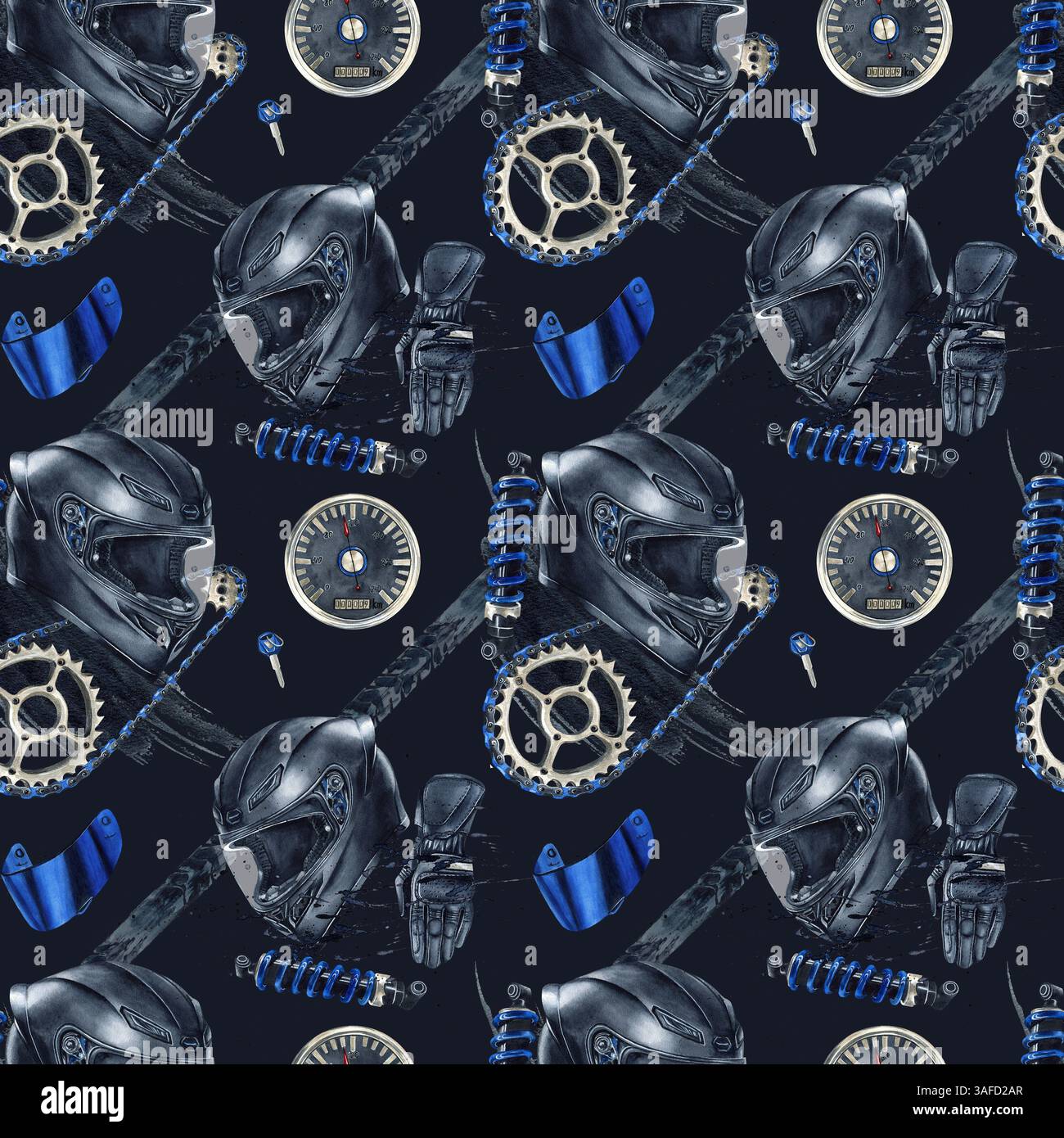 Motorcyclist helmet, chain and shock absorber, blue visor, speedometer ...