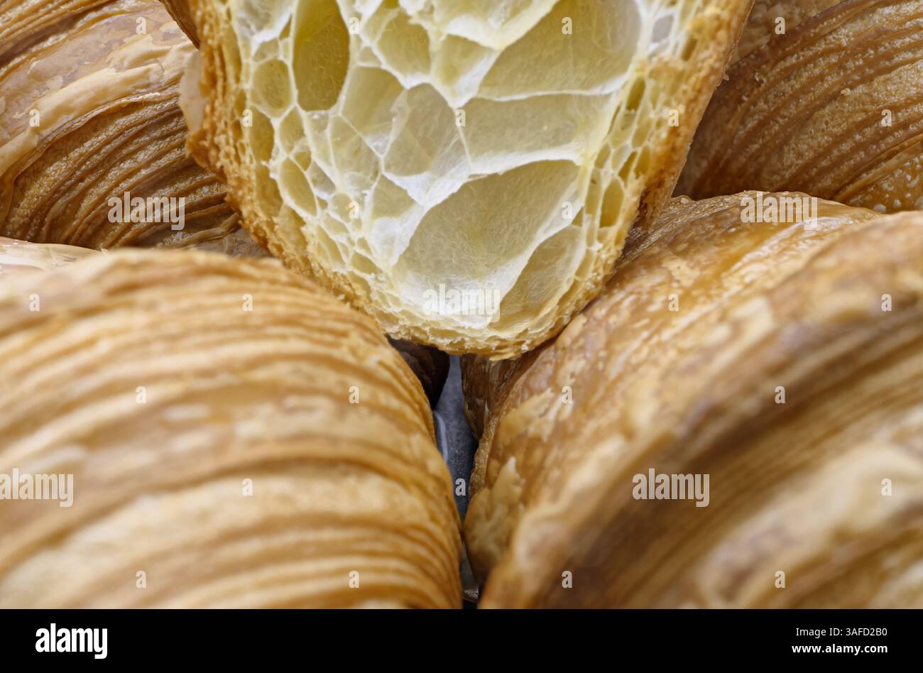 Group of traditional croissants, close up shot, abstract bakery ...