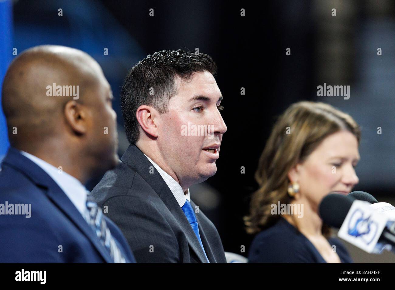 Creighton's Brian Rosen speaks during a press conference at Sokol Arena ...