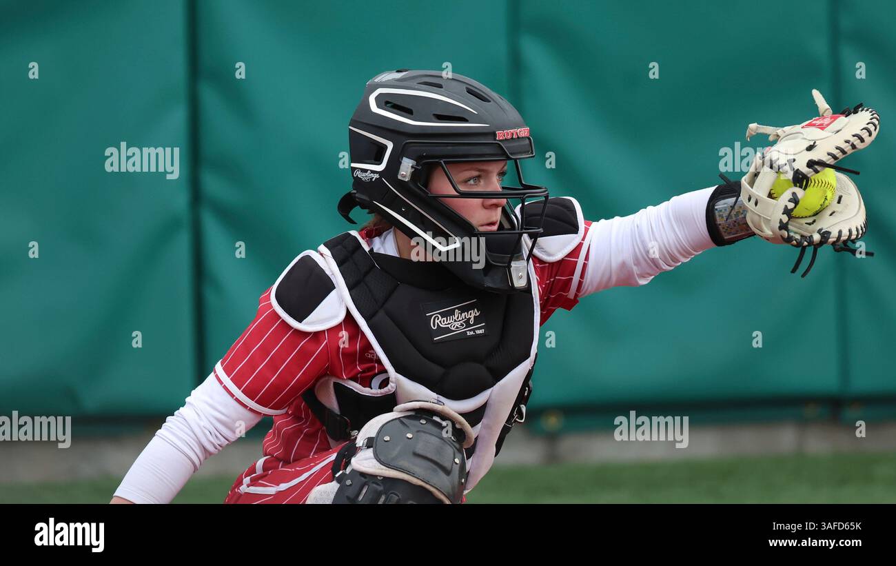 Rutgers catcher Allison Amadio (00) plays during an NCAA softball game ...