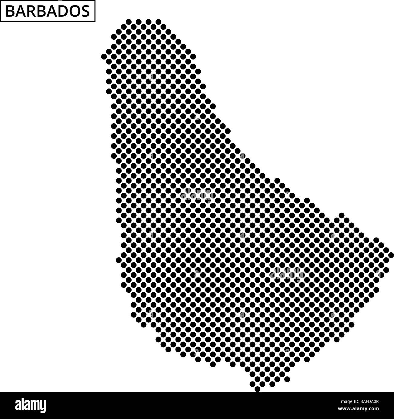 The artwork displays a dot pattern silhouette of Barbados, showcasing ...
