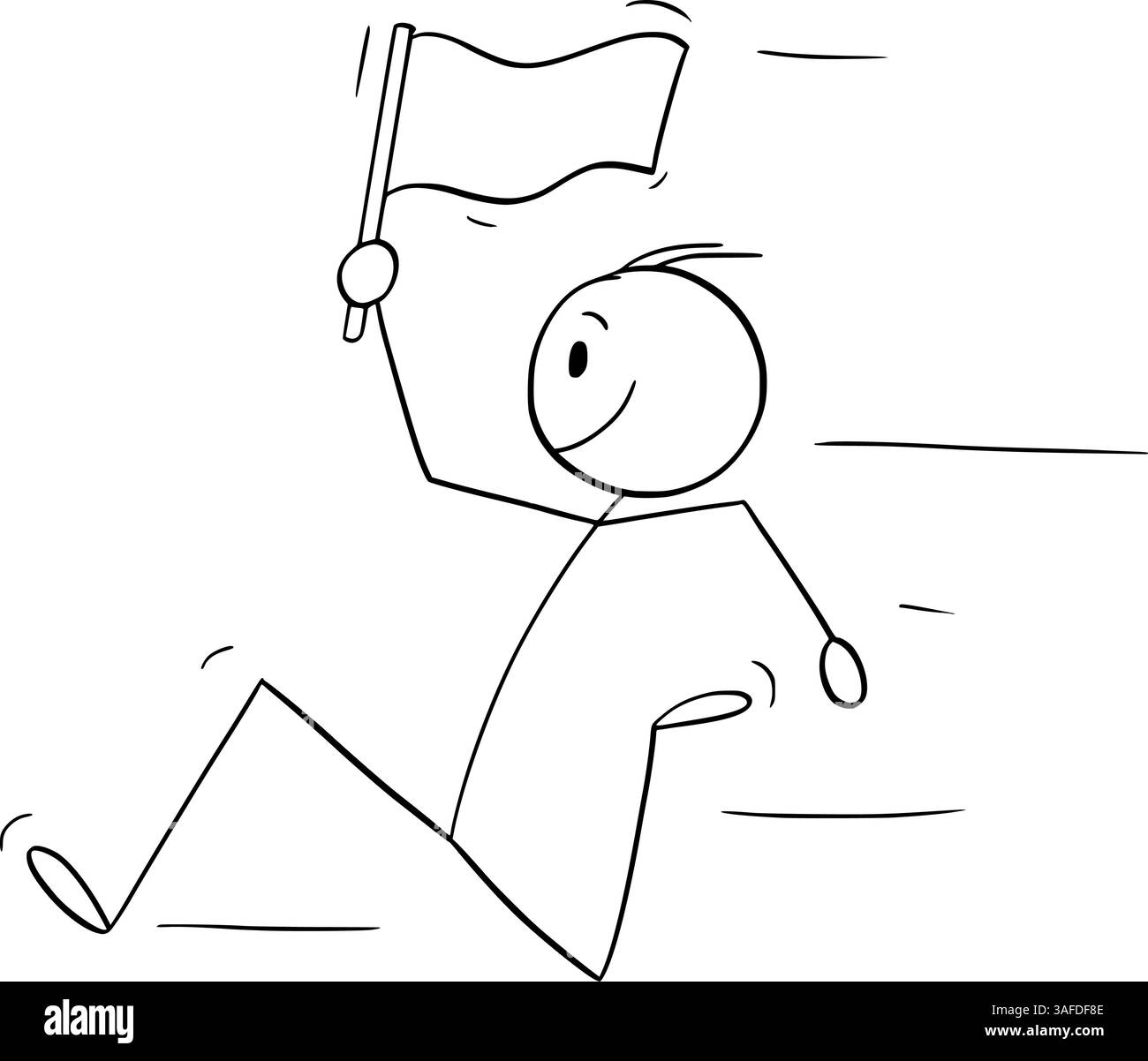 Happy person running with flag in hand , vector cartoon stick figure or ...