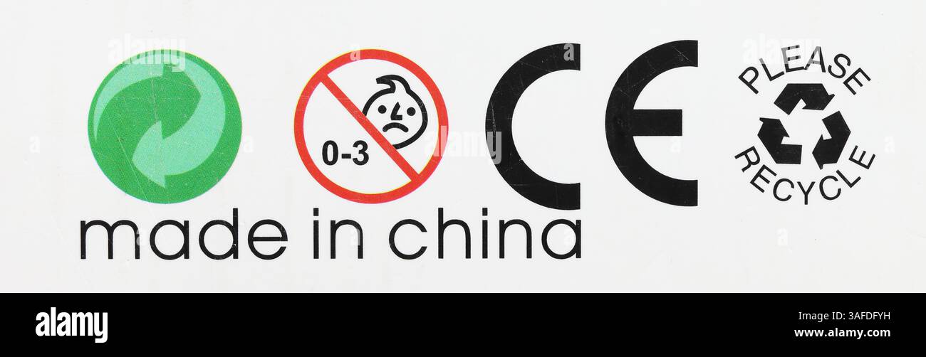 Product safety symbols: recycling, age restriction, ce mark, made in ...