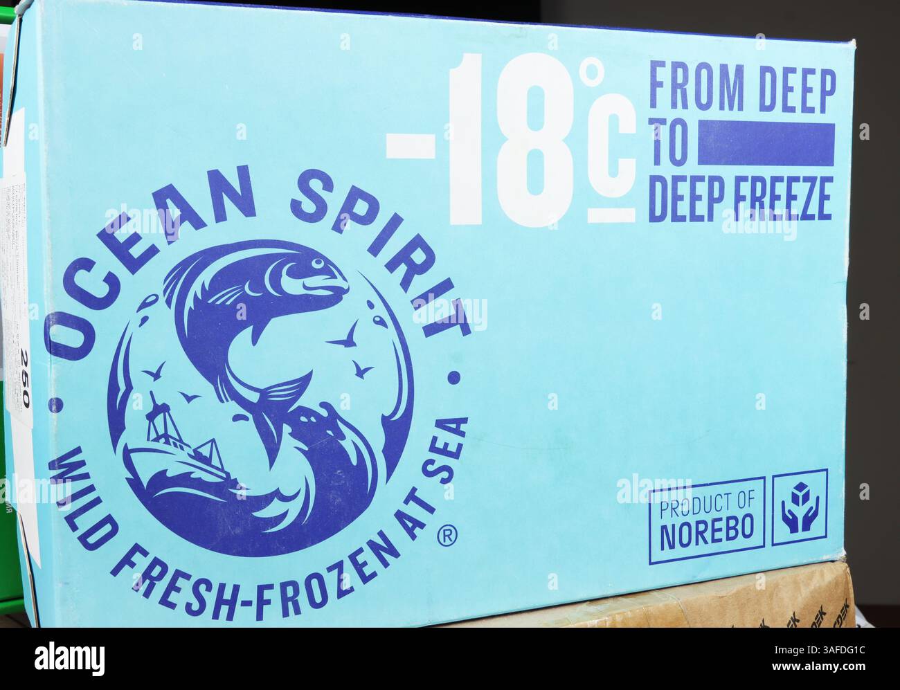 Ocean spirit frozen seafood packaging with bold blue design and fish ...