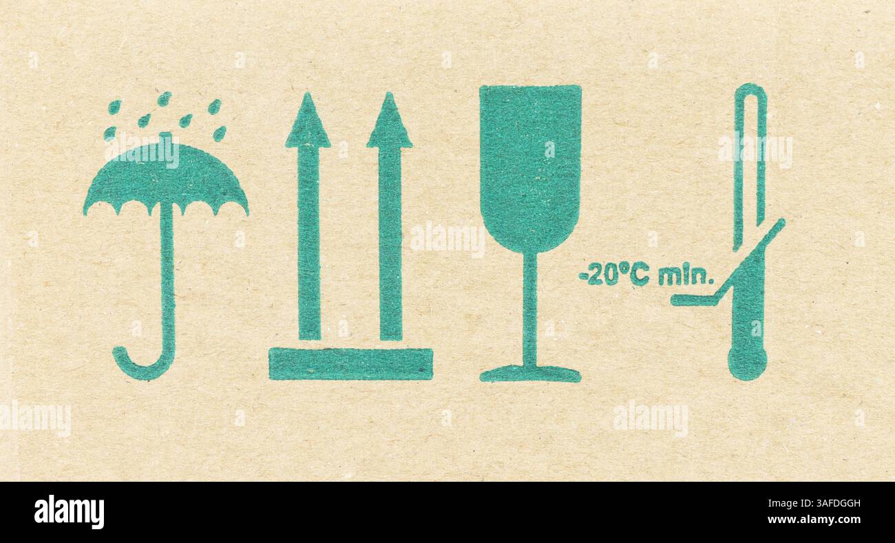 Cardboard shipping symbols: umbrella, arrow, fragile glass, temperature ...