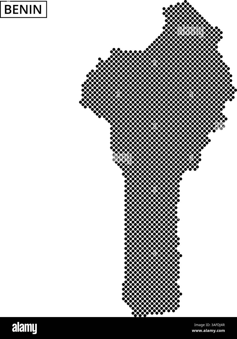 A black dotted outline of Benin is centered on a white background ...