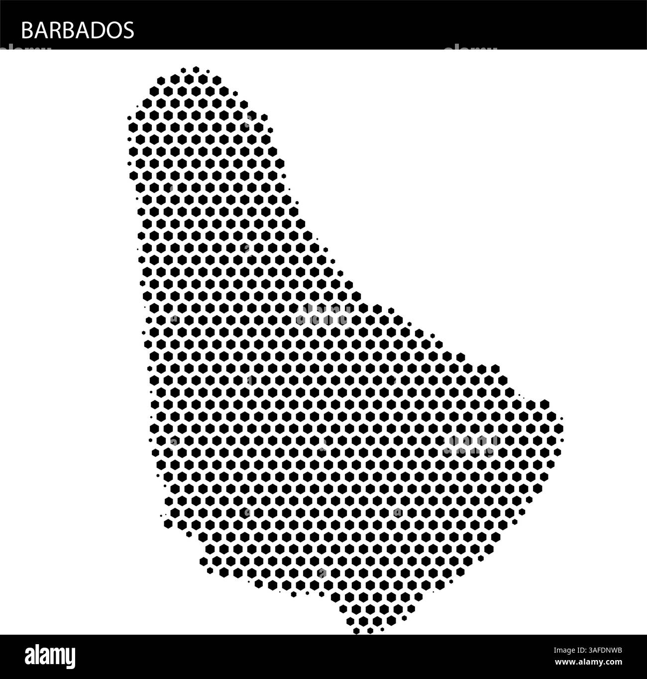 The artwork displays a dot pattern silhouette of Barbados, showcasing ...