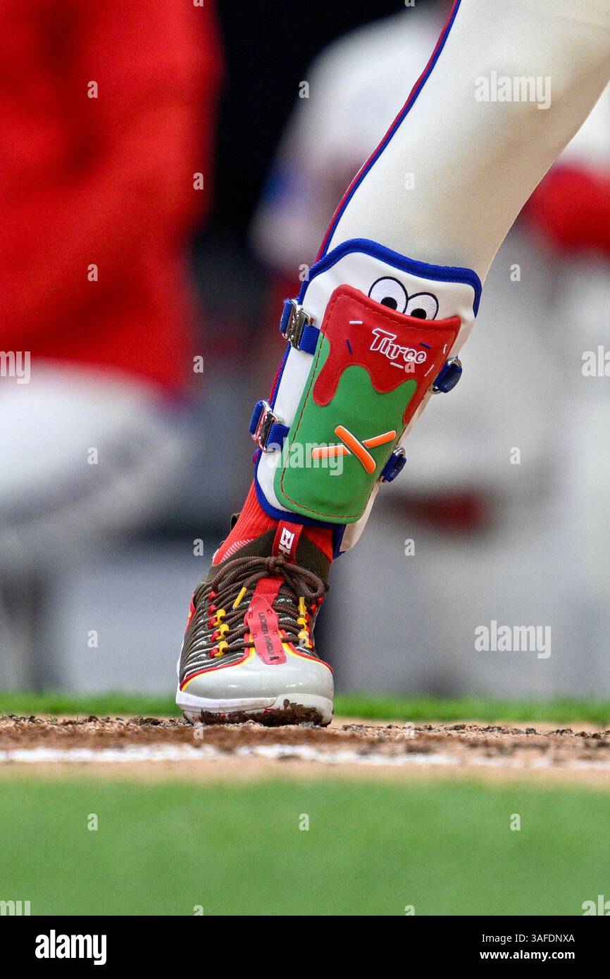 PHILADELPHIA, PA - APRIL 05: The shin protector and cleats of ...