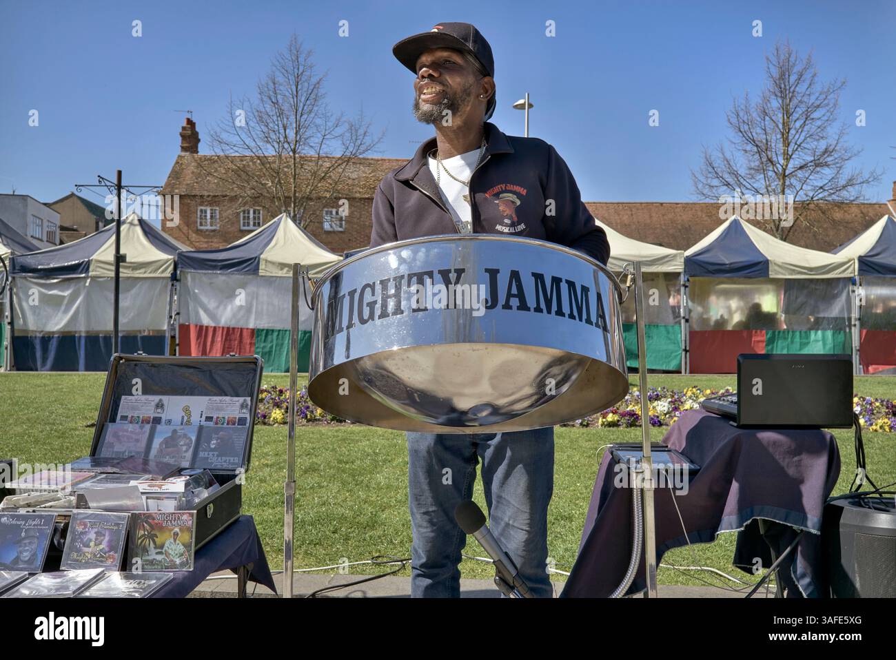 Jamaican Busker playing steel drum instrument on a UK street. England ...