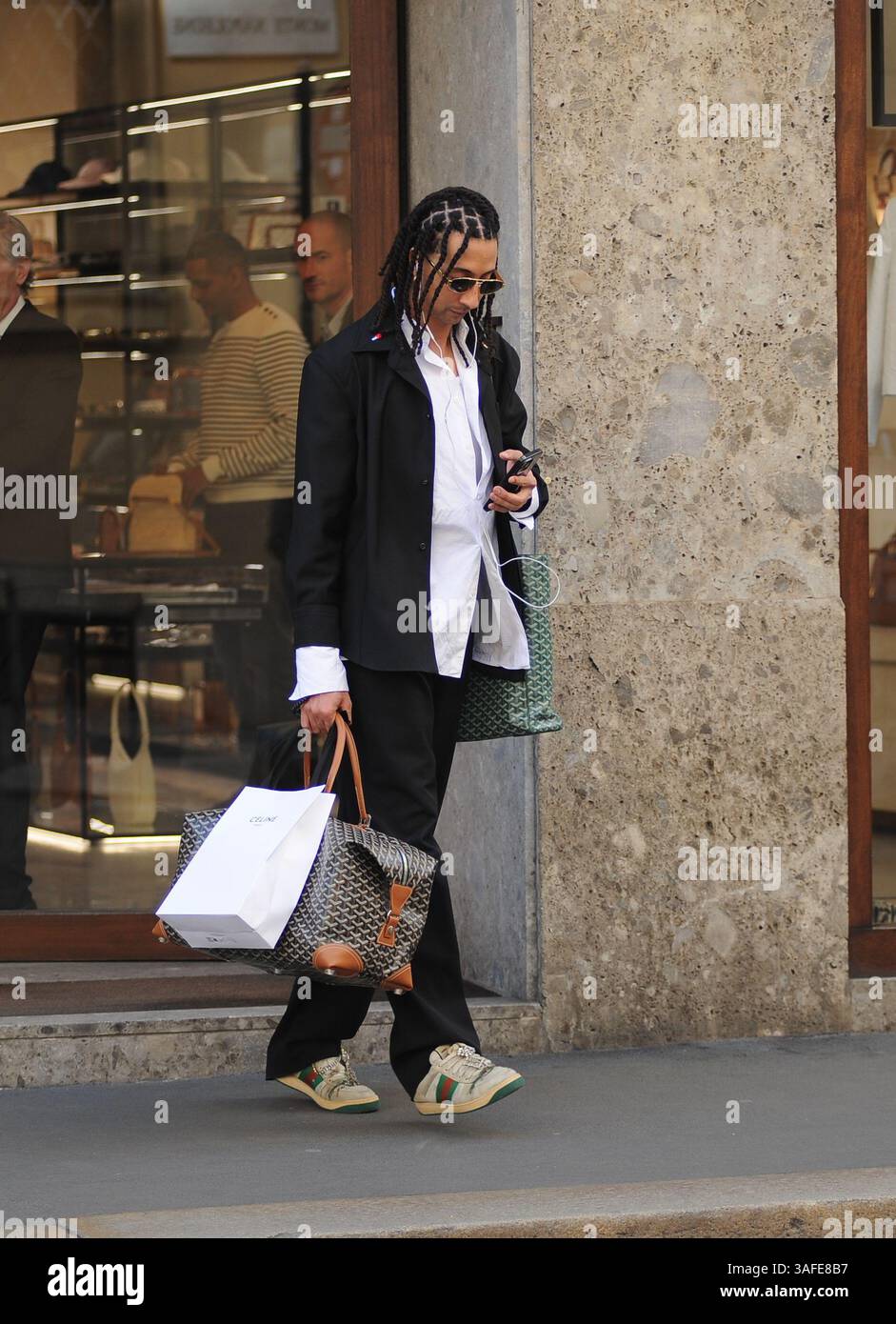 Milan, . 07th Apr, 2025. Milan, Ghali arrives downtown and enters the ...