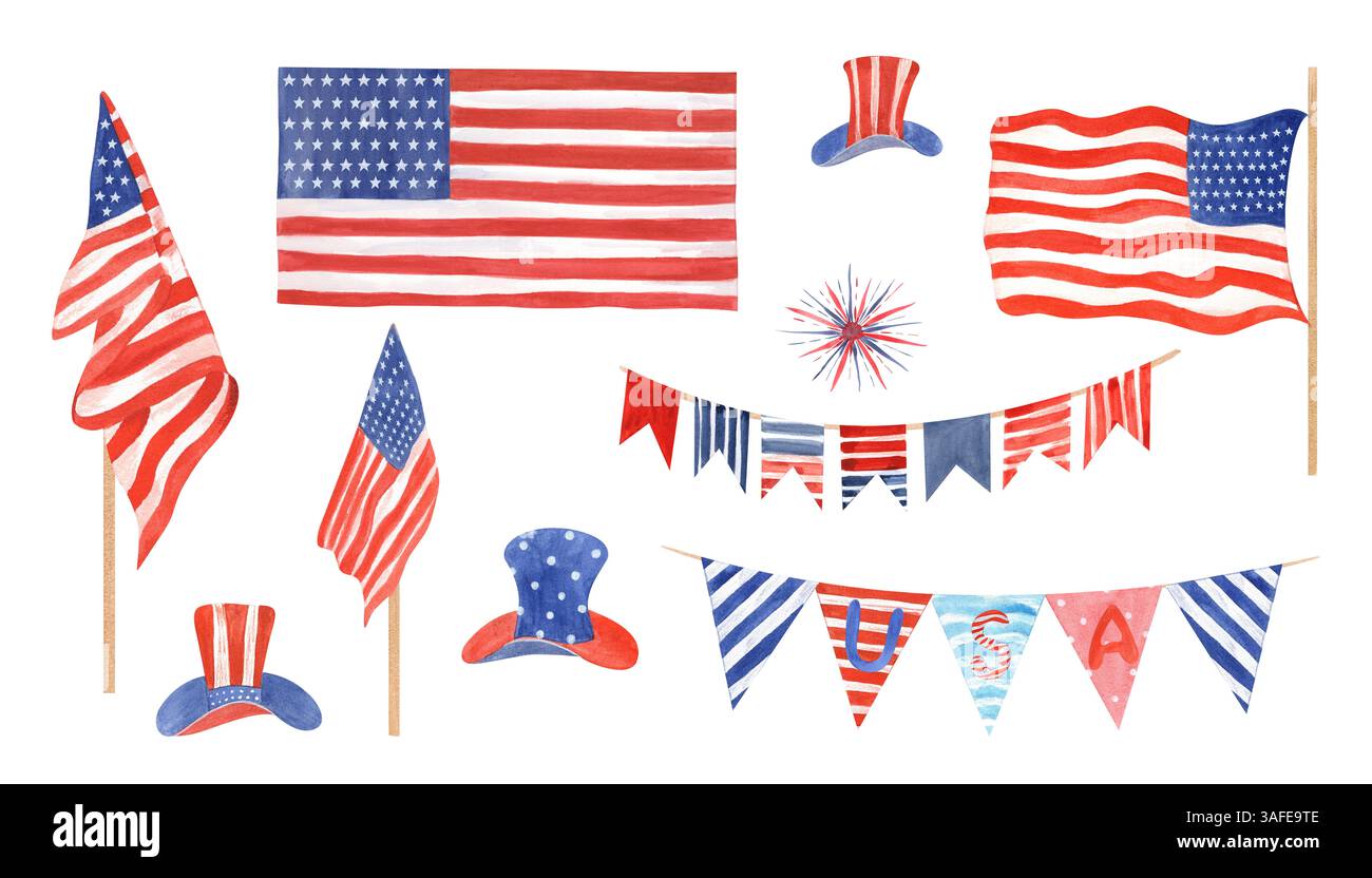 Watercolor American flags, garlands, hats set illustration isolated ...