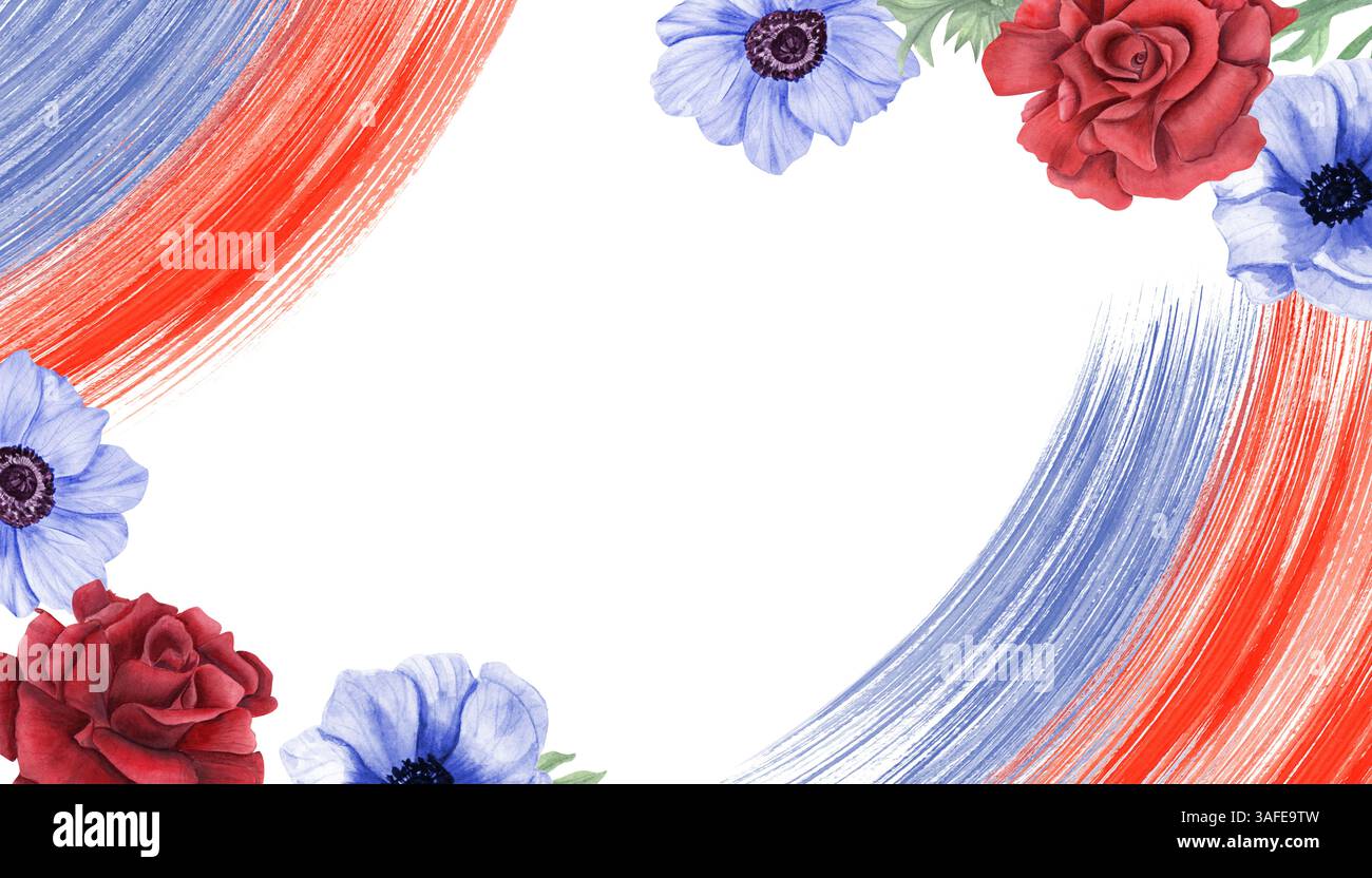 Remembrance Day floral frame in red blue colors. Roses and anemones ...