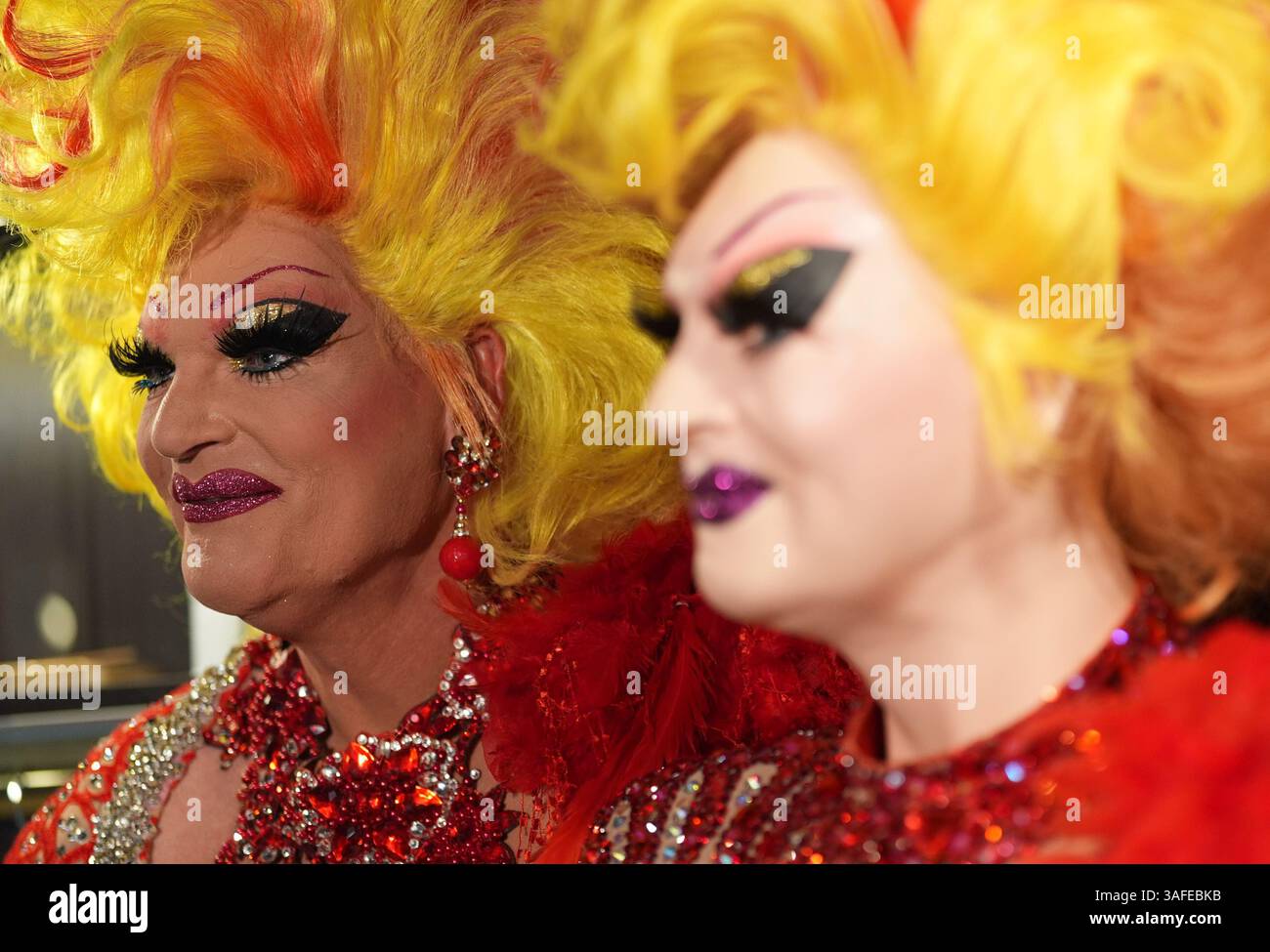 Hamburg, Germany. 07th Apr, 2025. Drag queen Olivia Jones sits in her costume wardrobe in the ...
