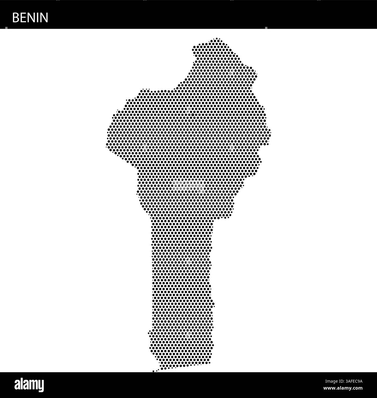 A black dotted outline of Benin is centered on a white background ...