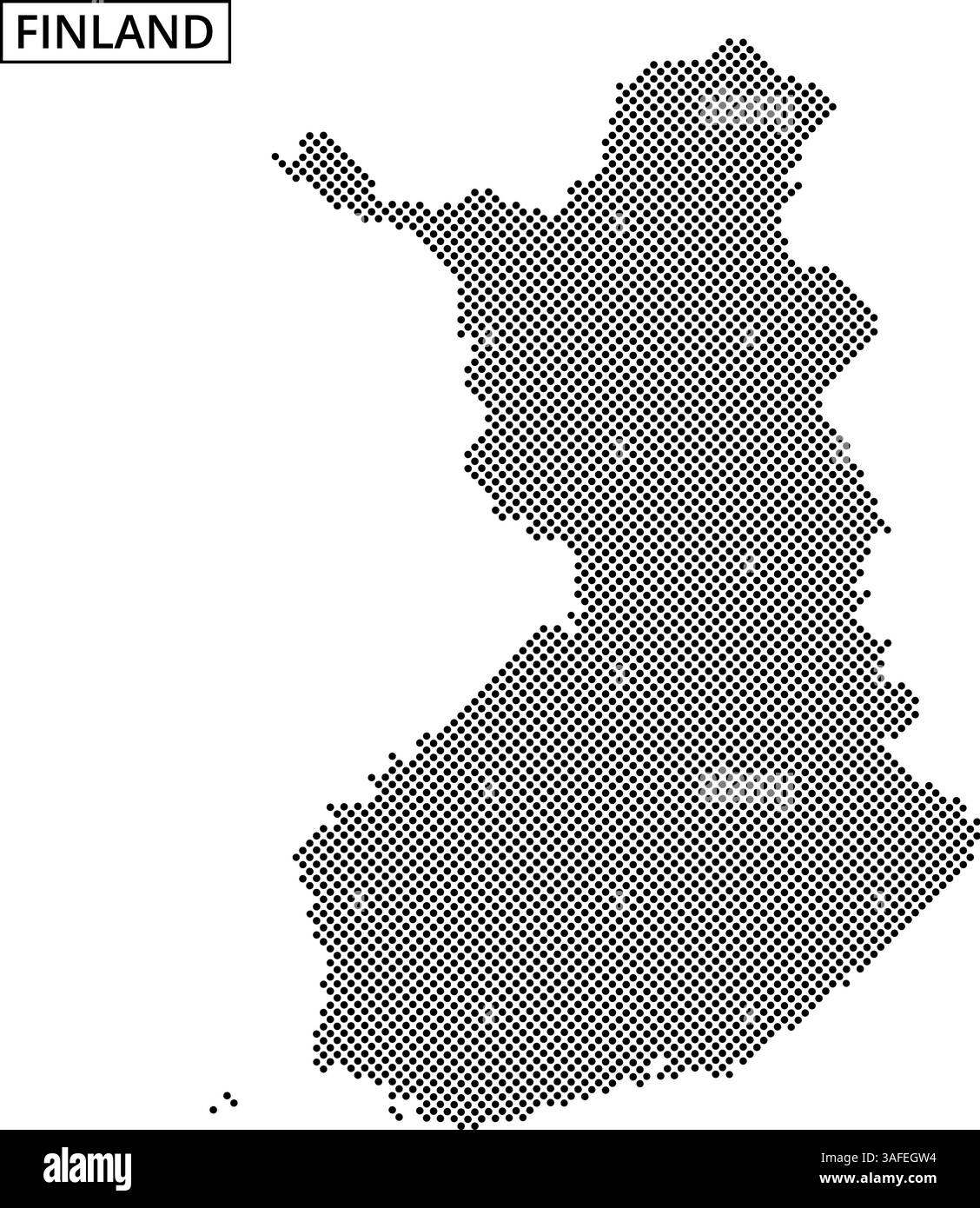 A detailed map outline of Finland is presented in a dotted monochrome ...
