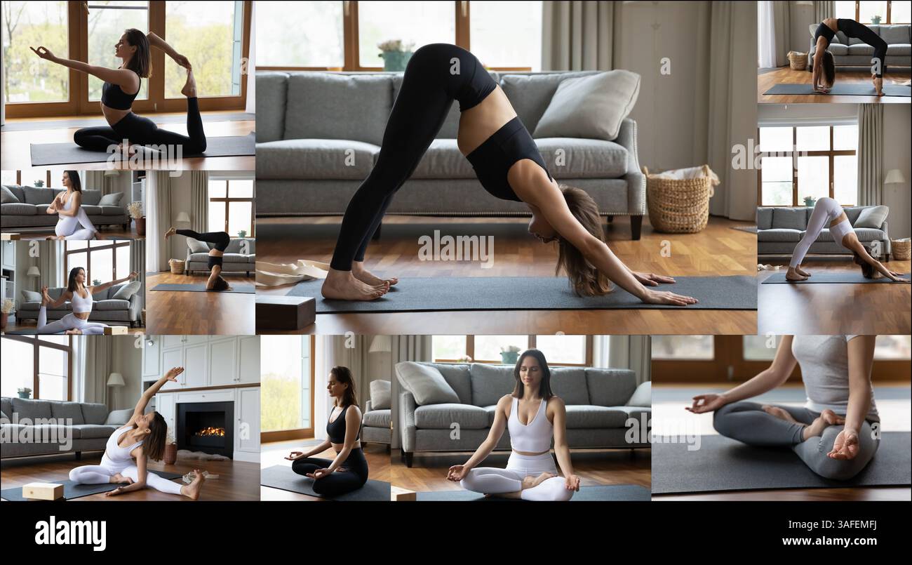 Diverse women in activewear perform different asanas, collage view ...