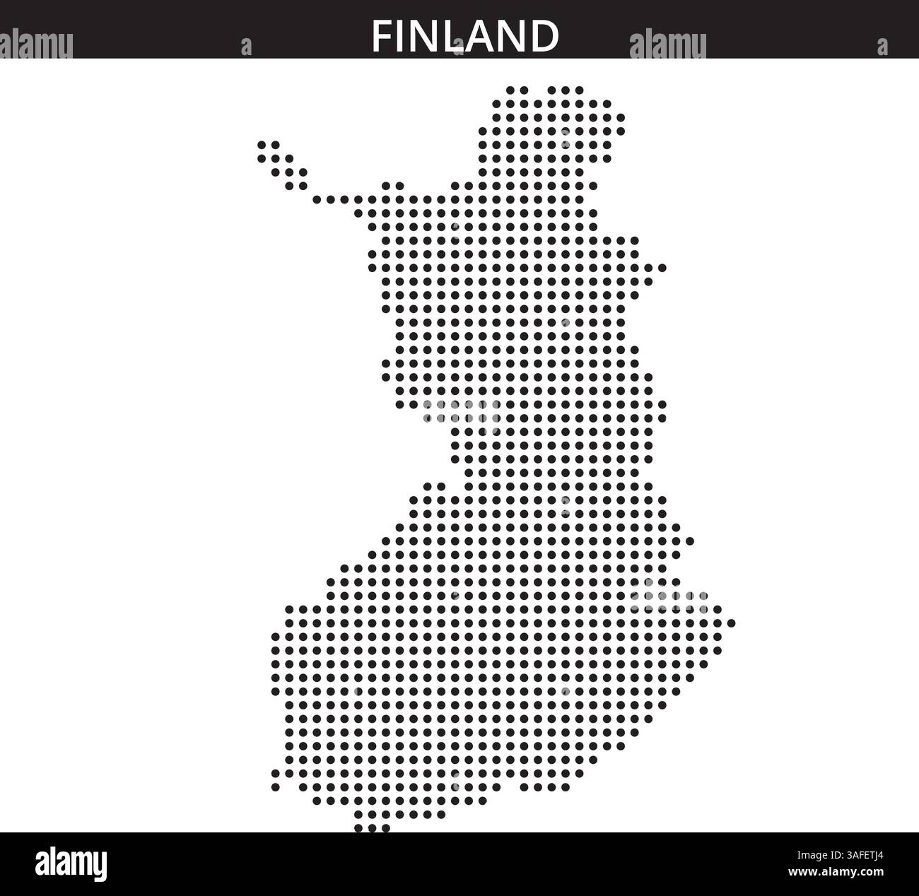 A detailed map outline of Finland is presented in a dotted monochrome ...