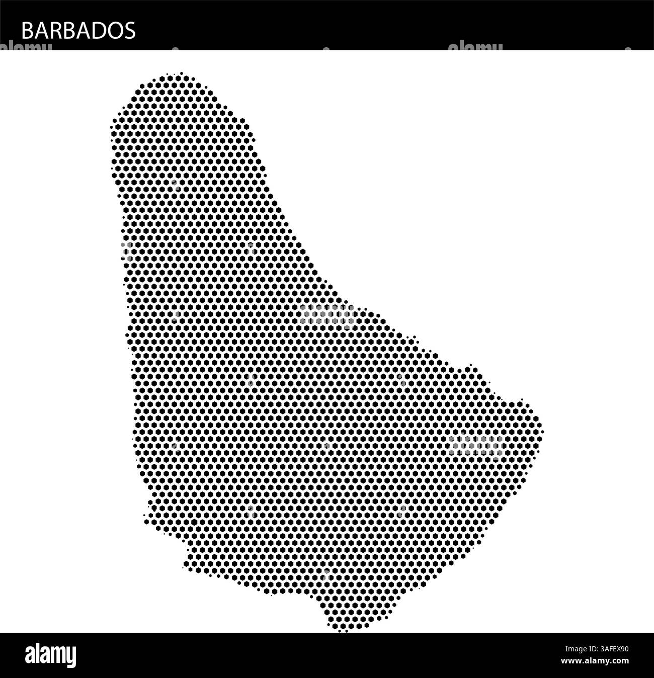 The artwork displays a dot pattern silhouette of Barbados, showcasing ...