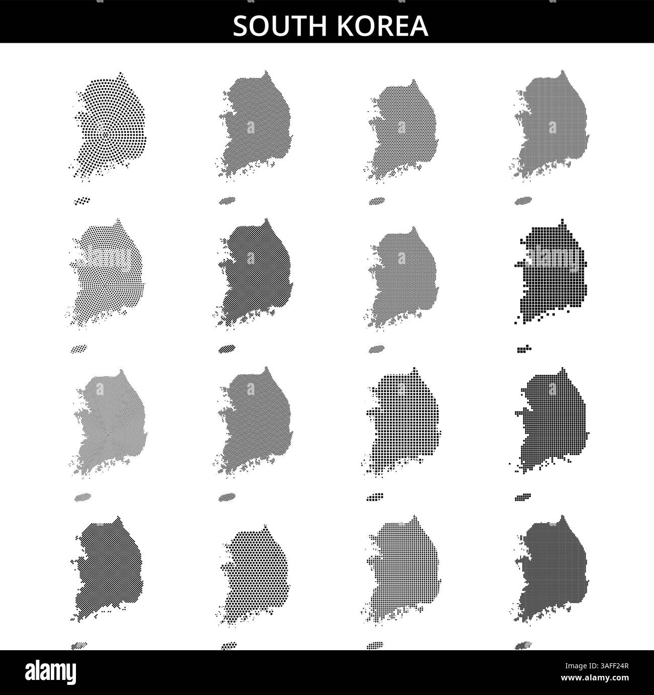 Dotted map of South Korea showcasing its unique shape against a plain ...