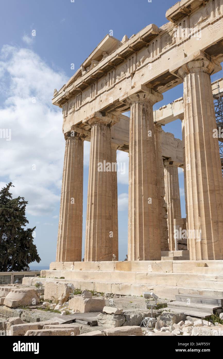 Morning sunshine lights up the Doric columns on the eastern facade of ...