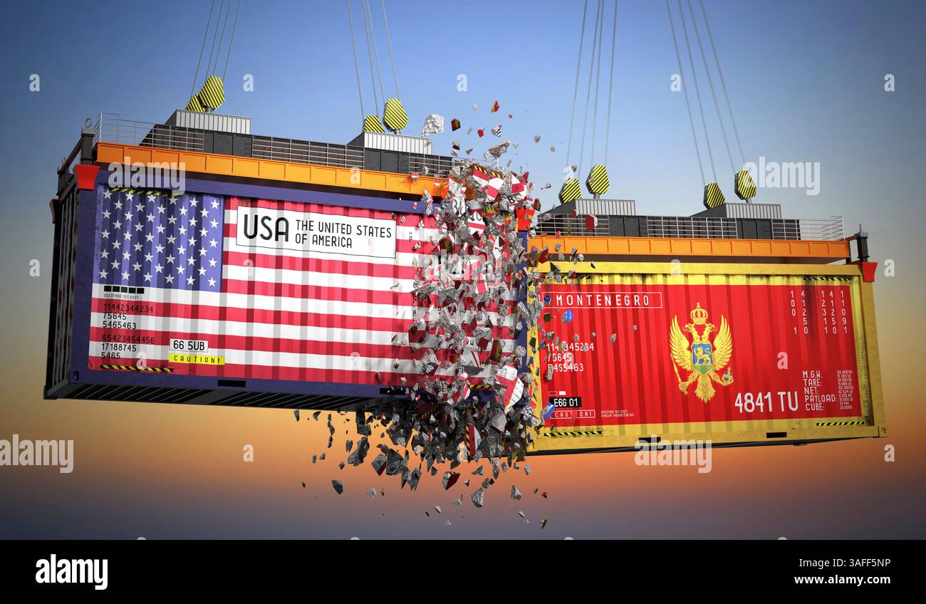 Cargo containers with flags of USA and Montenegro - 3D illustration ...