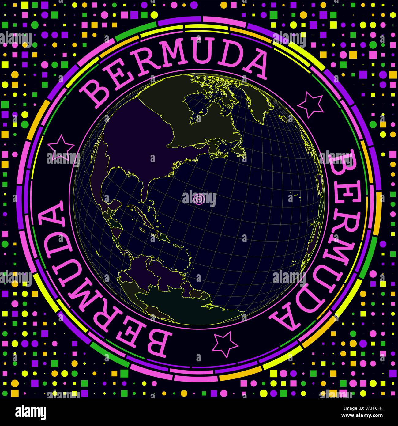 Futuristic Bermuda on globe. Bright neon satellite view of the world ...