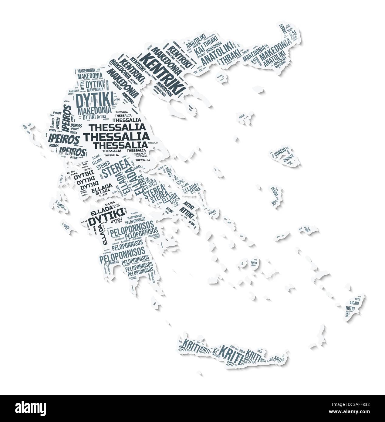 Greece shape text cloud. Country border with shadow on white background ...