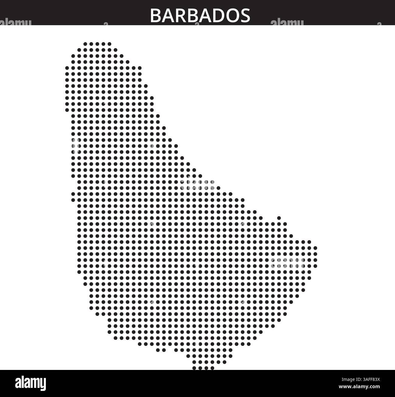 The artwork displays a dot pattern silhouette of Barbados, showcasing ...