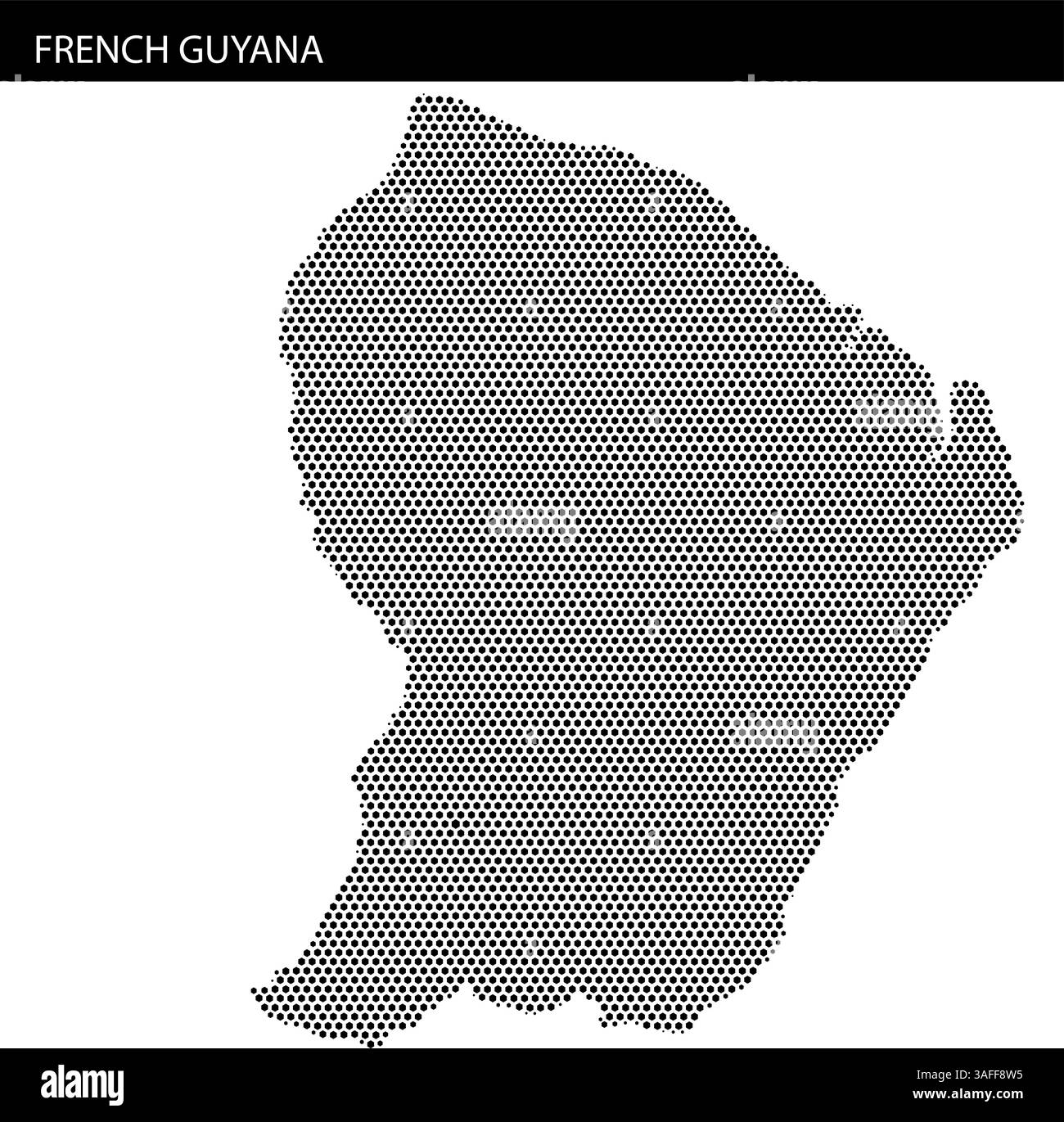 This illustration displays a dotted map of French Guyana, emphasizing ...