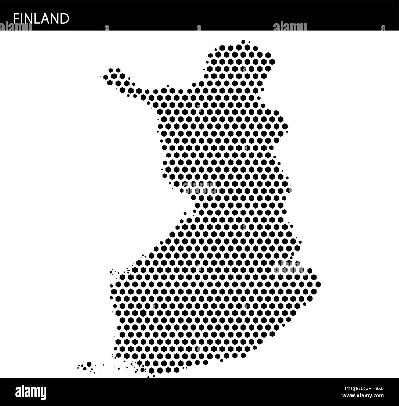 A detailed map outline of Finland is presented in a dotted monochrome ...