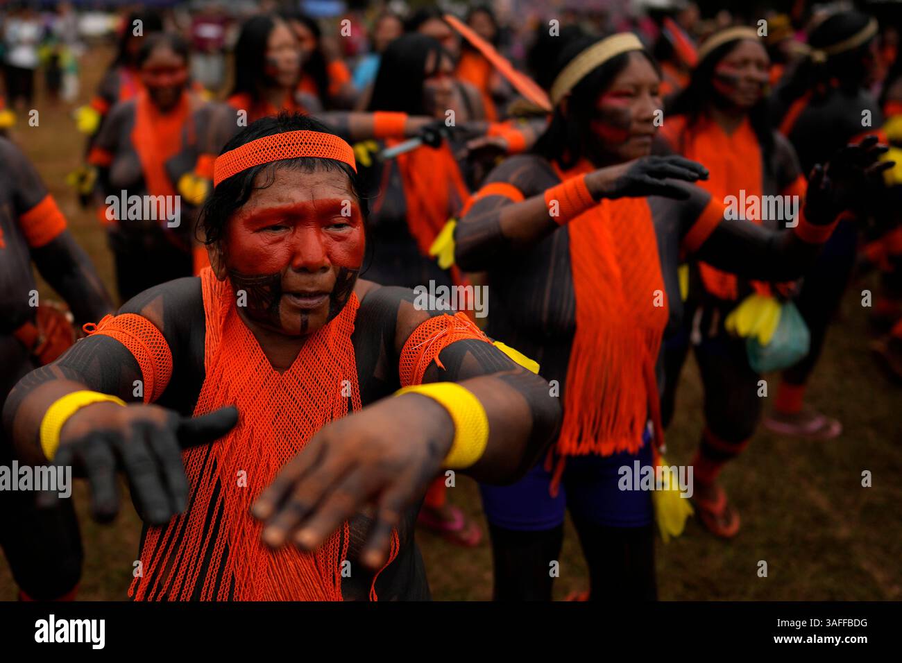 Kayapo Indigenous women dance during the Free Earth camp held annually ...