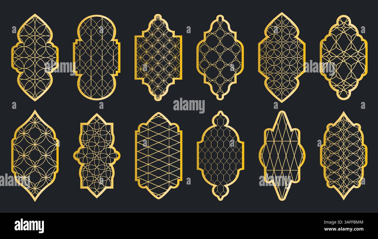 Traditional islamic windows with golden patterns. Set of arabic shapes ...