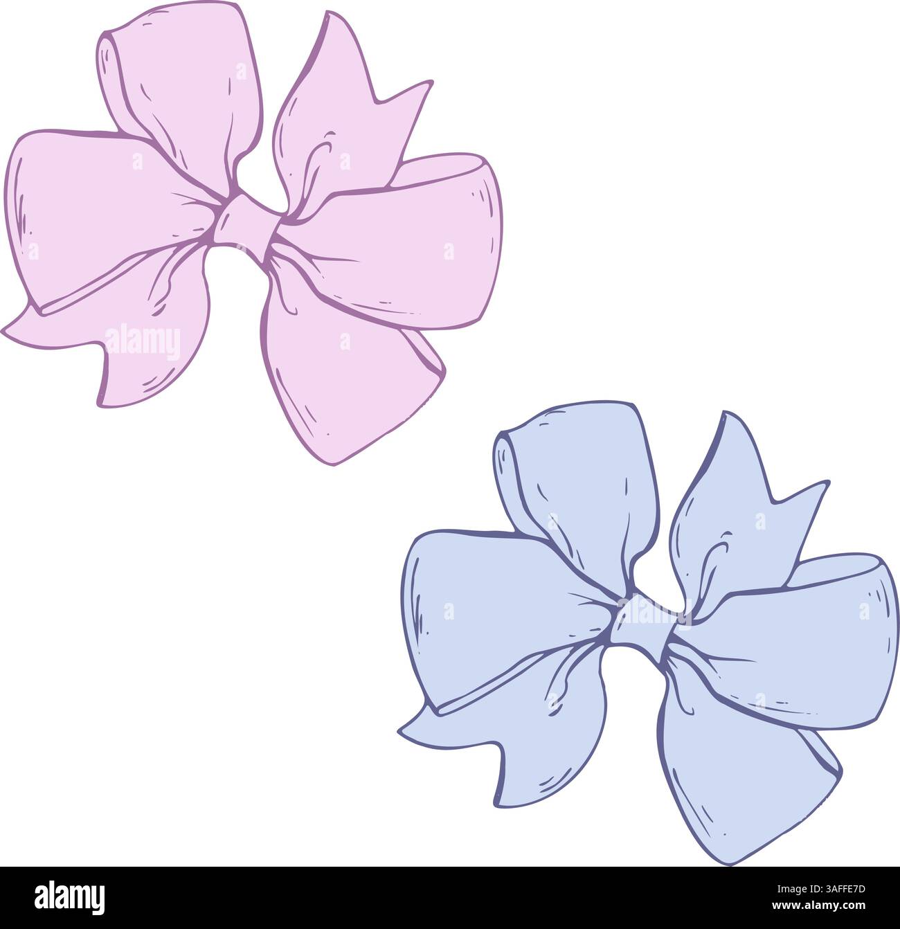 Satin, multilayered fabric bow, with wide ribbons. Graphic sketch ...