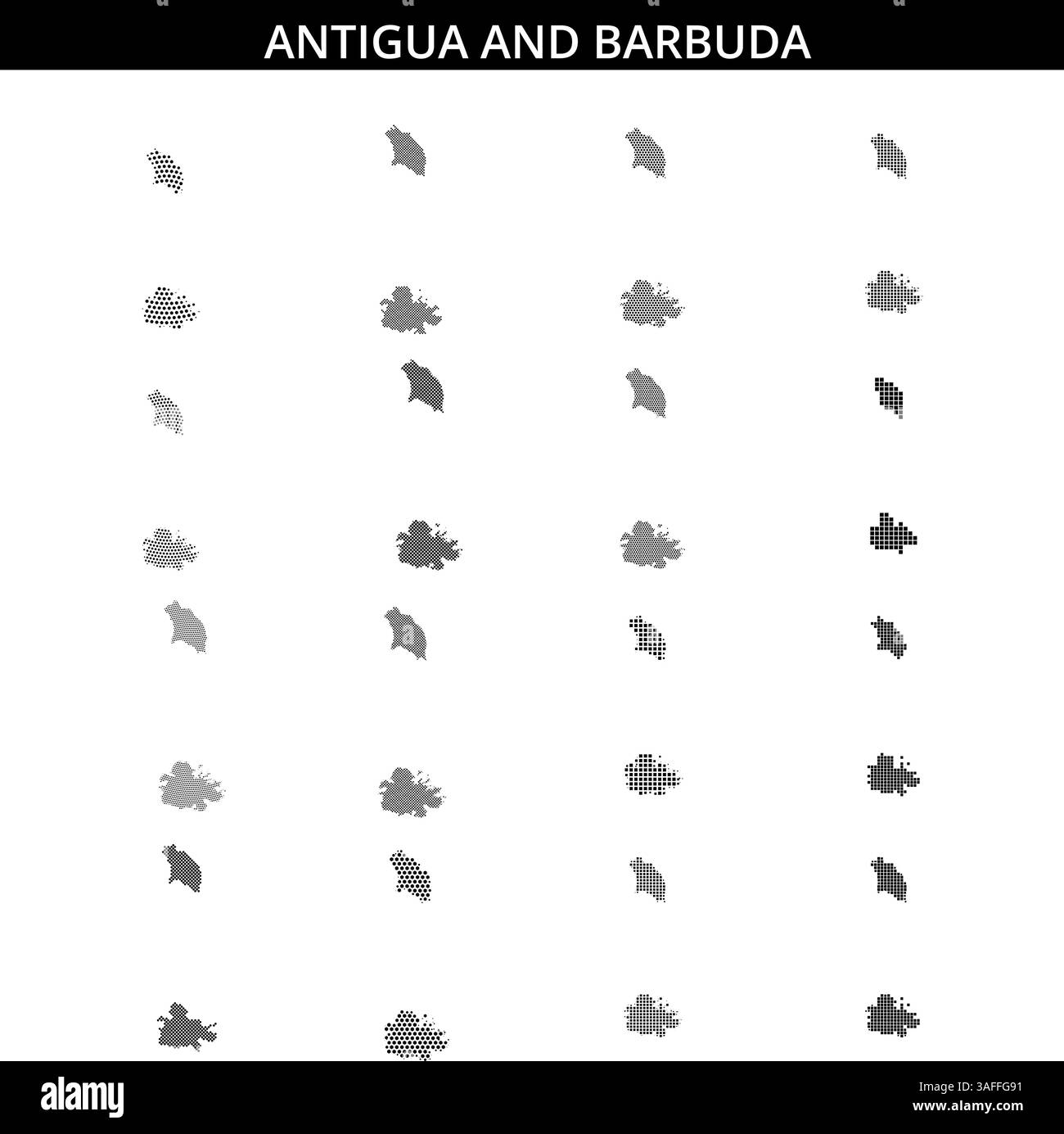 A grid map displaying the outline of Antigua and Barbuda in black dots ...