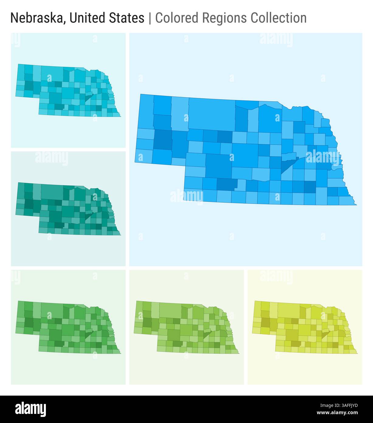 Nebraska, United States. Map collection. State shape. Colored counties ...
