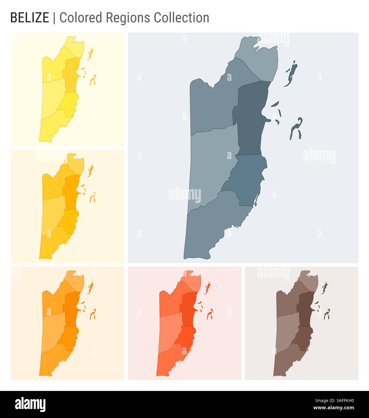 Belize map collection. Country shape with colored regions. Blue Grey ...