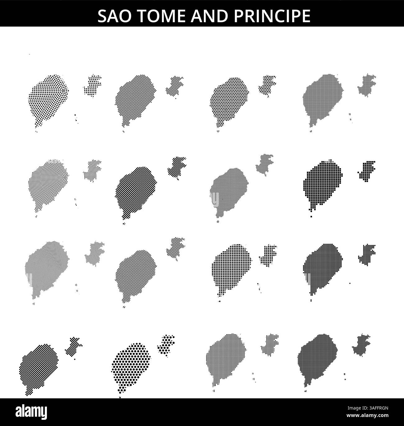 The graphic showcases a pixelated outline of Sao Tome and Principe, highlighting the distinct ...