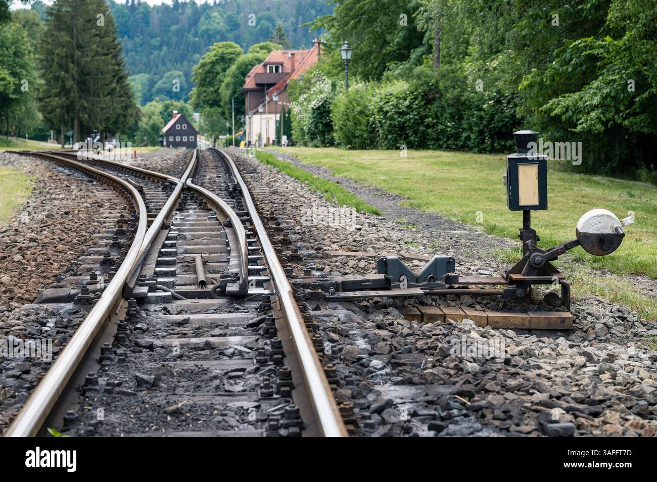 Old railway turnout on narrow-gauge railway tracks in Jonsdorf, Germany ...